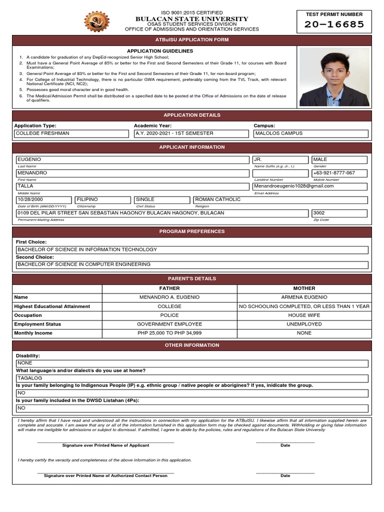 Application Form To Bsu | PDF | University And College Admission
