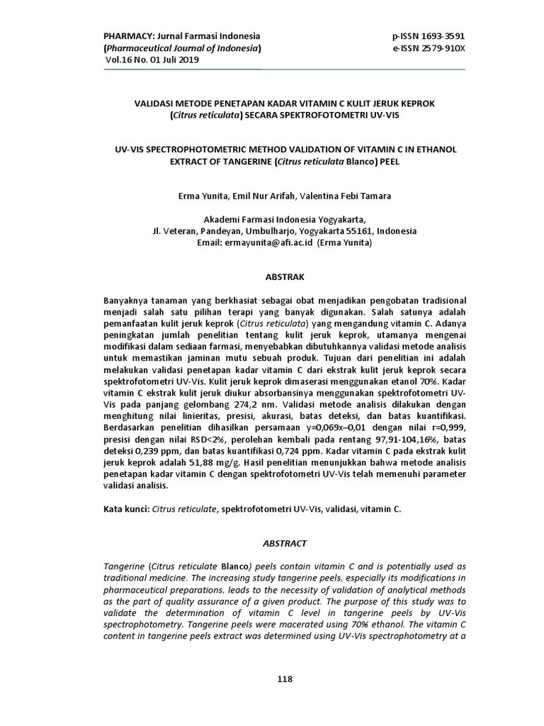 VALIDASI METODE PENETAPAN KADAR VITAMIN C KULIT JERUK KEPROK SECARA SPEKTROFOTOMETRI UV-VIS | PDF