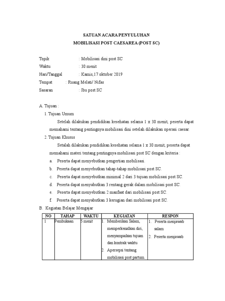 Mobilisasi Dini Penting bagi Ibu Post SC: Satuan Acara Pendidikan ...