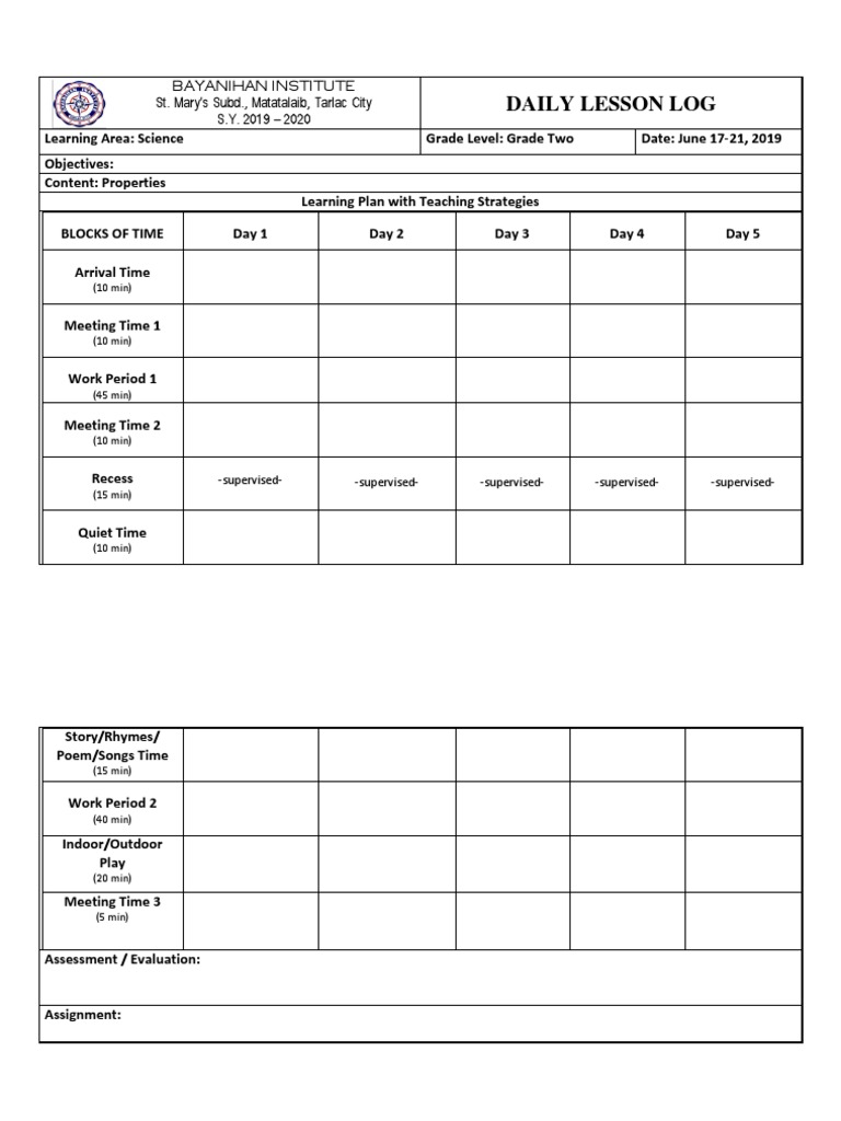 Daily Lesson Log: Bayanihan Institute St. Mary's Subd., Matatalaib ...