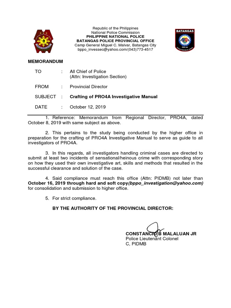 PRO4A Investigative Manual Memo | PDF