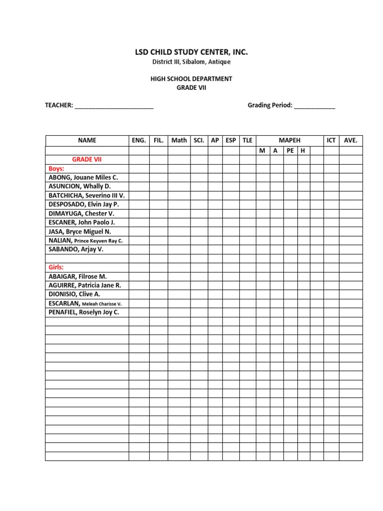 Grade 7-10 Student Rosters and Subject Grades from LSD Child Study ...