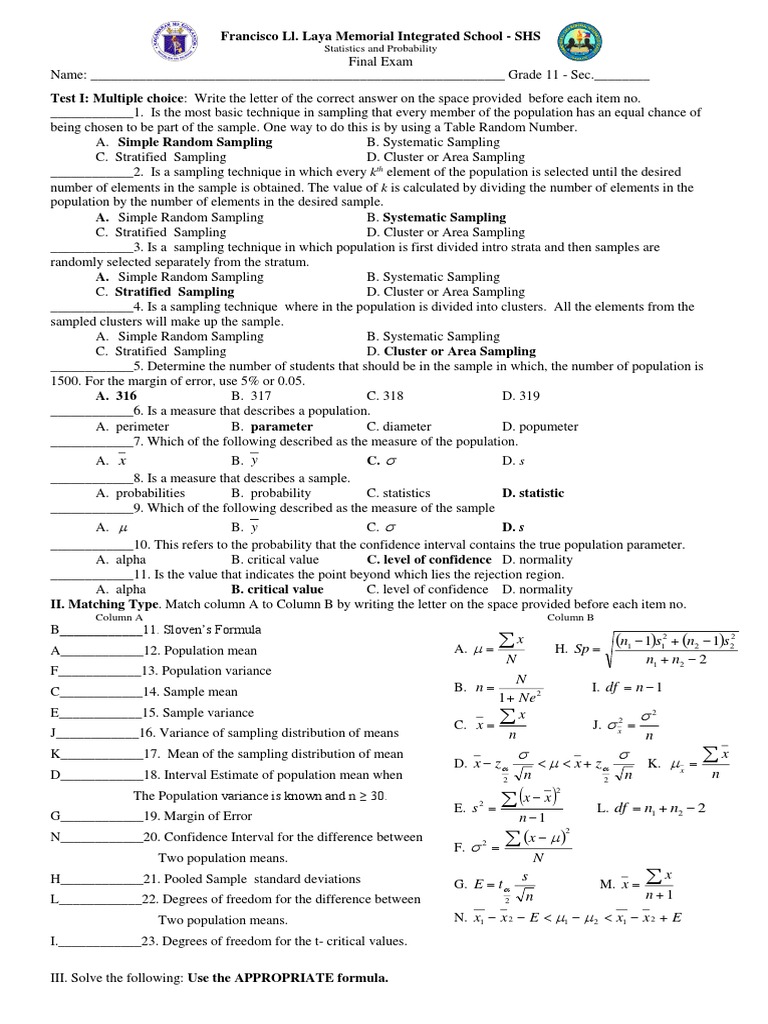 Grade 11 Final Stat and Prob - Sy2019-2020.Final Exam | PDF | Sampling (Statistics) | Confidence ...