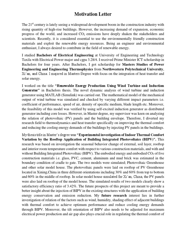Motivation Letter For PHD | PDF | Photovoltaics | Renewable Energy
