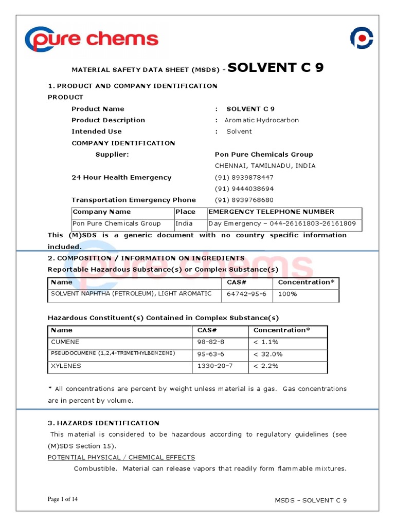 Solvent C 9: Solvent Naphtha (Petroleum), Light Aromatic | PDF ...