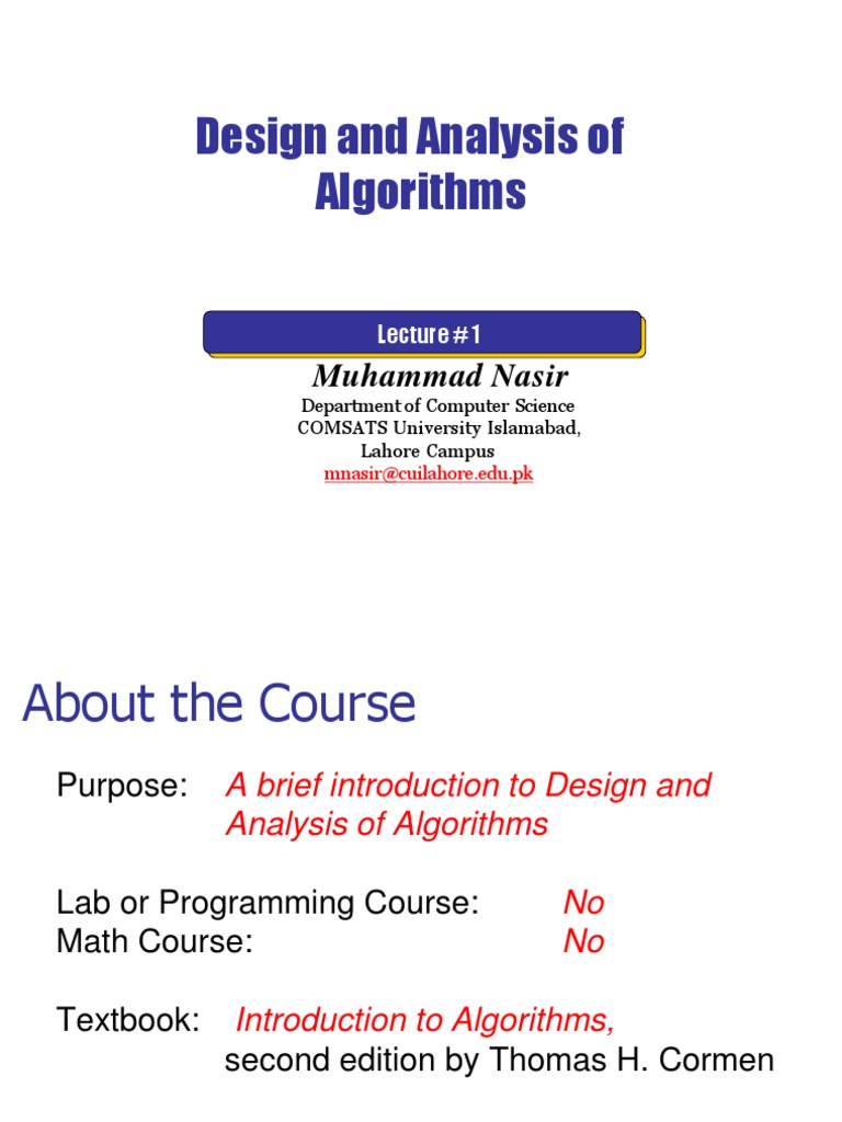 Design and Analysis of Algorithms: Muhammad Nasir | PDF | Time Complexity | Algorithms