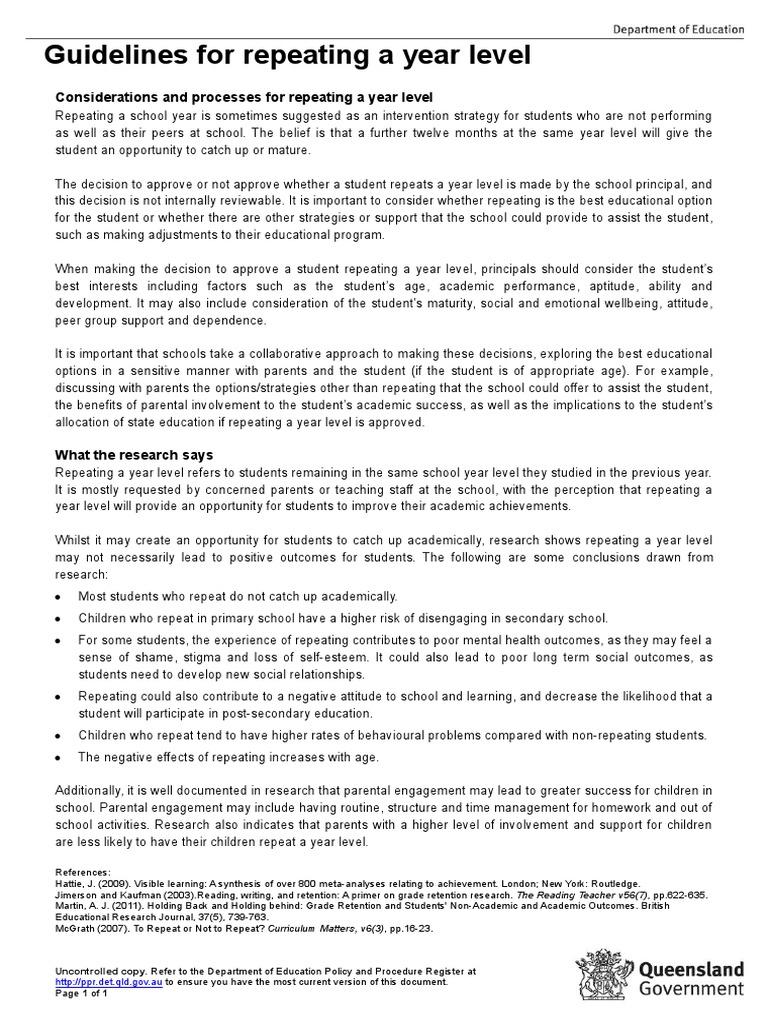 Considerations and Processes For Repeating A Year Level | PDF ...