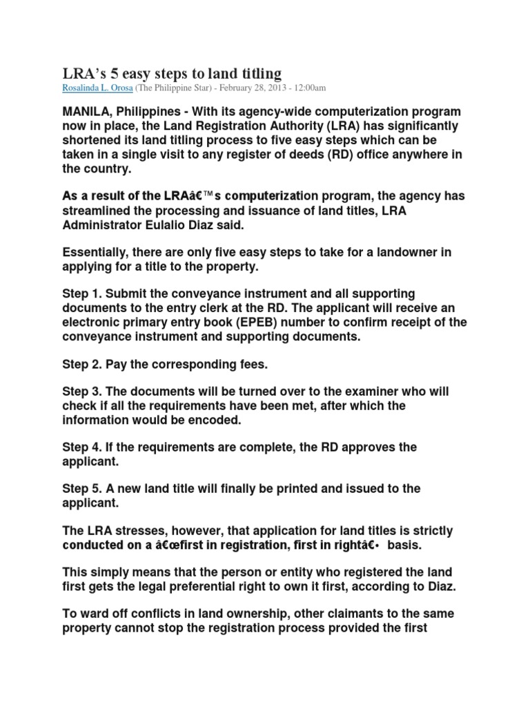 LRA's 5 Easy Steps To Land Titling: Rosalinda L. Orosa | PDF | Government Information | Government