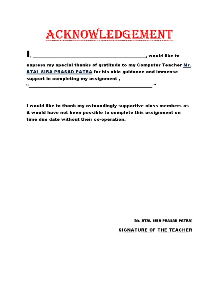 Acknowledgement for Class 7 Project | PDF | Career & Growth