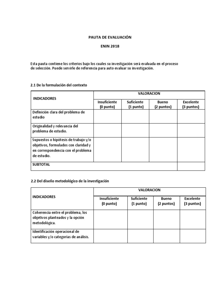 Pauta de Evaluación para Investigación ENIN 2018 | PDF | Conceptos ...
