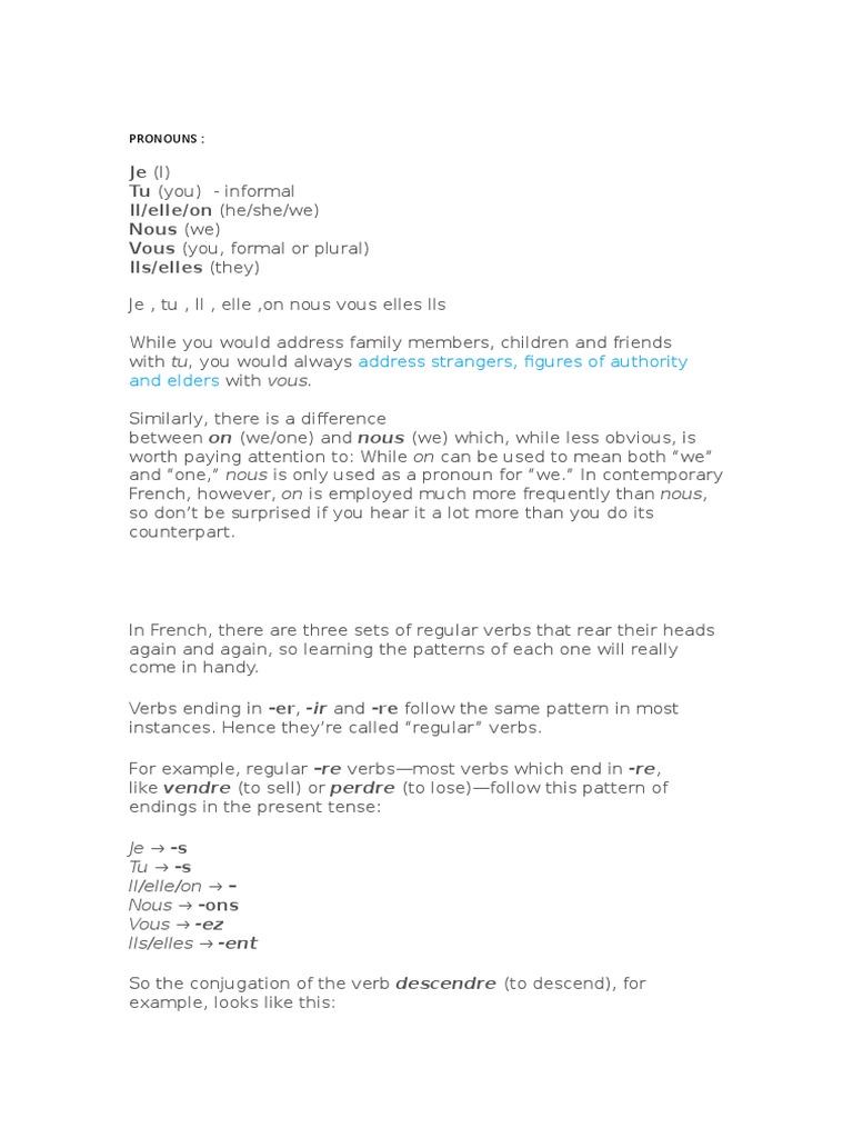 Je (I) Tu (You) - Informal Il/elle/on (He/she/we) Nous (We) Vous (You ...