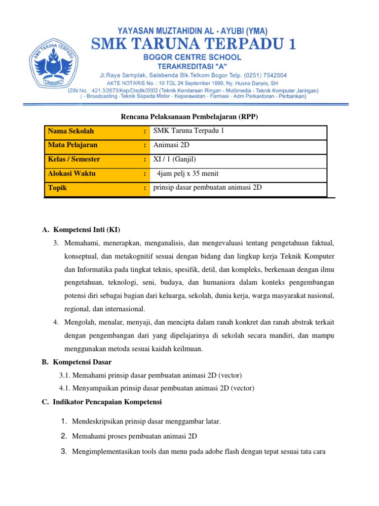 RPP Prinsip Dasar Pembuatan Animasi 2D | PDF