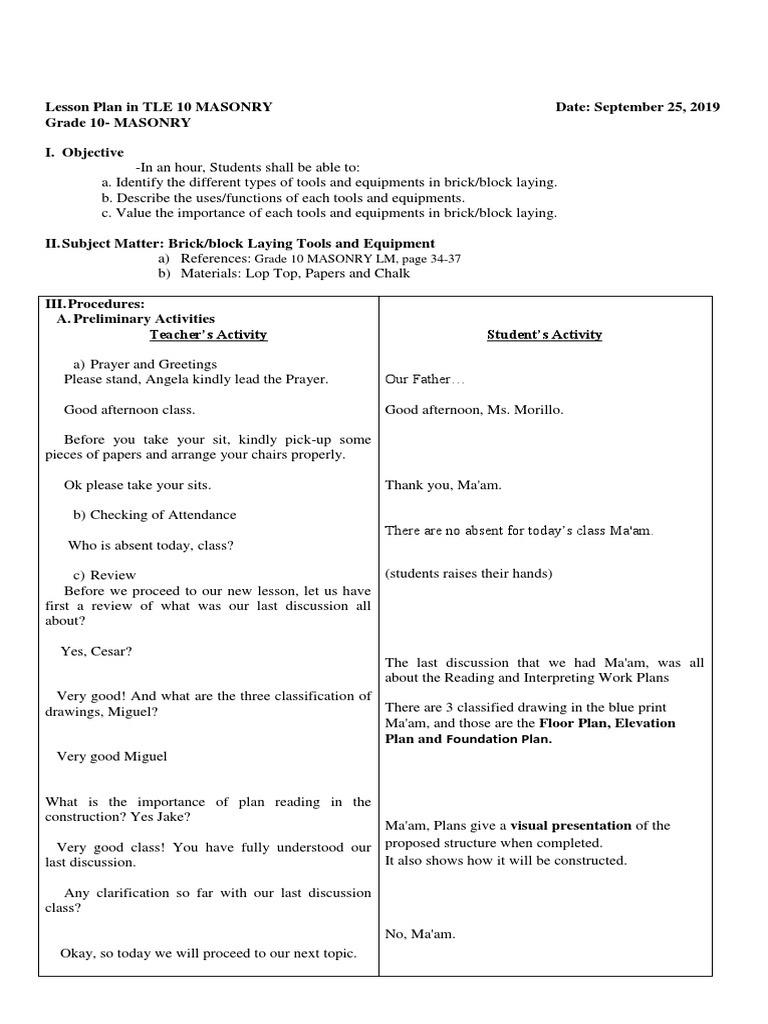 Masonry Lesson Plan | PDF | Drill | Brick