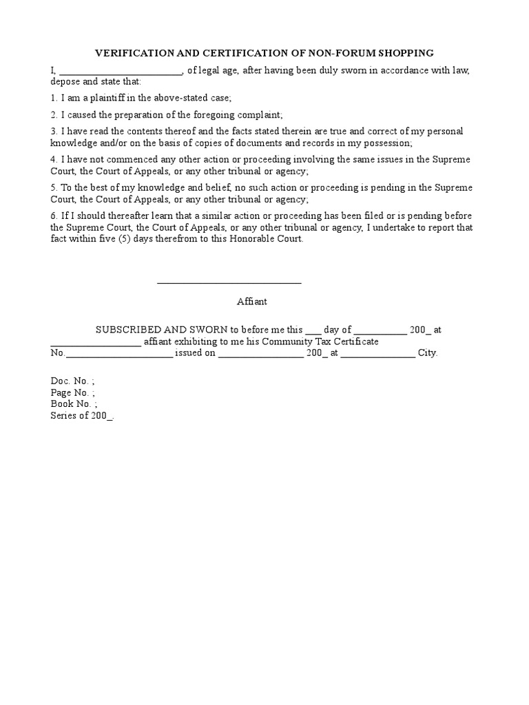 Non-Forum Shopping Certification Form | PDF | Law