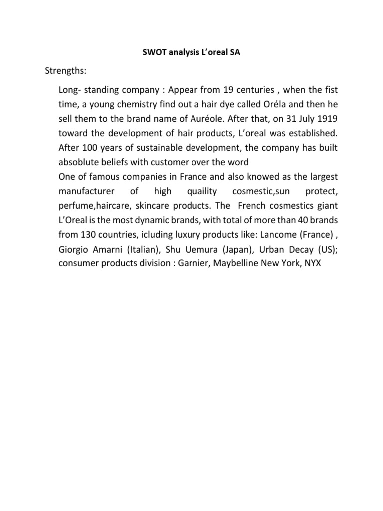 L'Oréal SWOT Analysis Overview | PDF