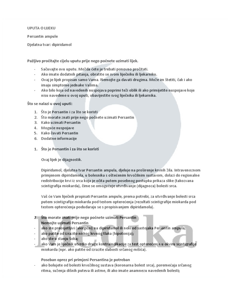 Persantin Ampule Dipiridamol B01ac07 | PDF