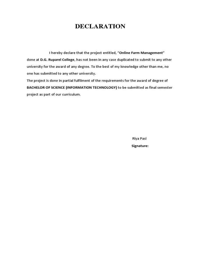 Declaration: BACHELOR OF SCIENCE (INFORMATION TECHNOLOGY) To Be ...