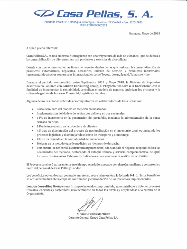 Éxito en Proyecto de Repuestos Casa Pellas | PDF