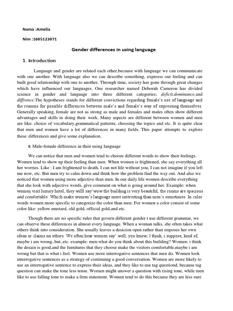 Gender Differences in Using Language: Nama:Amelia Nim:1605123071 | PDF | Conversation | Gender