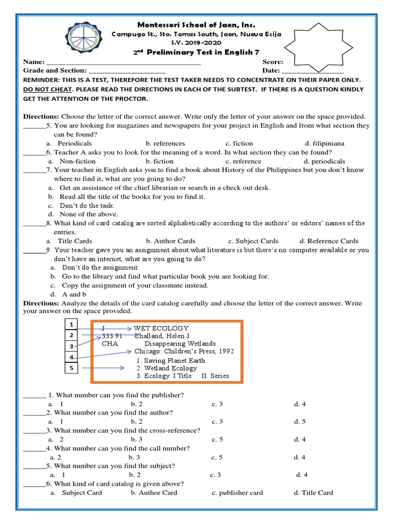 2nd Preliminary Test in English 7: Analyzing Library Resources, Grammar ...