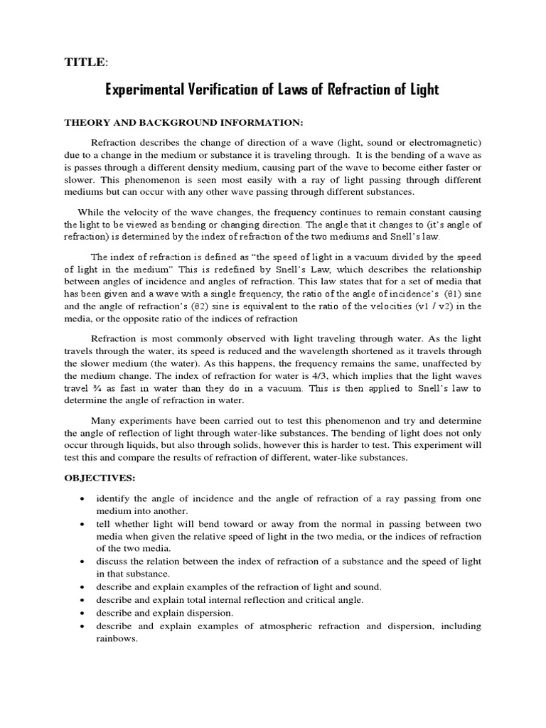 Experimental Verification of Laws of Refraction of Light: Title | Download Free PDF | Refraction ...