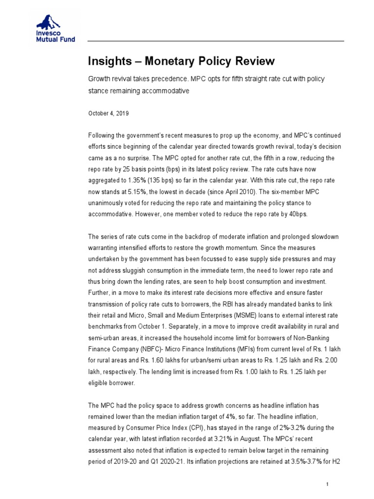 Monetary Policy Review | PDF | Reserve Bank Of India | Inflation
