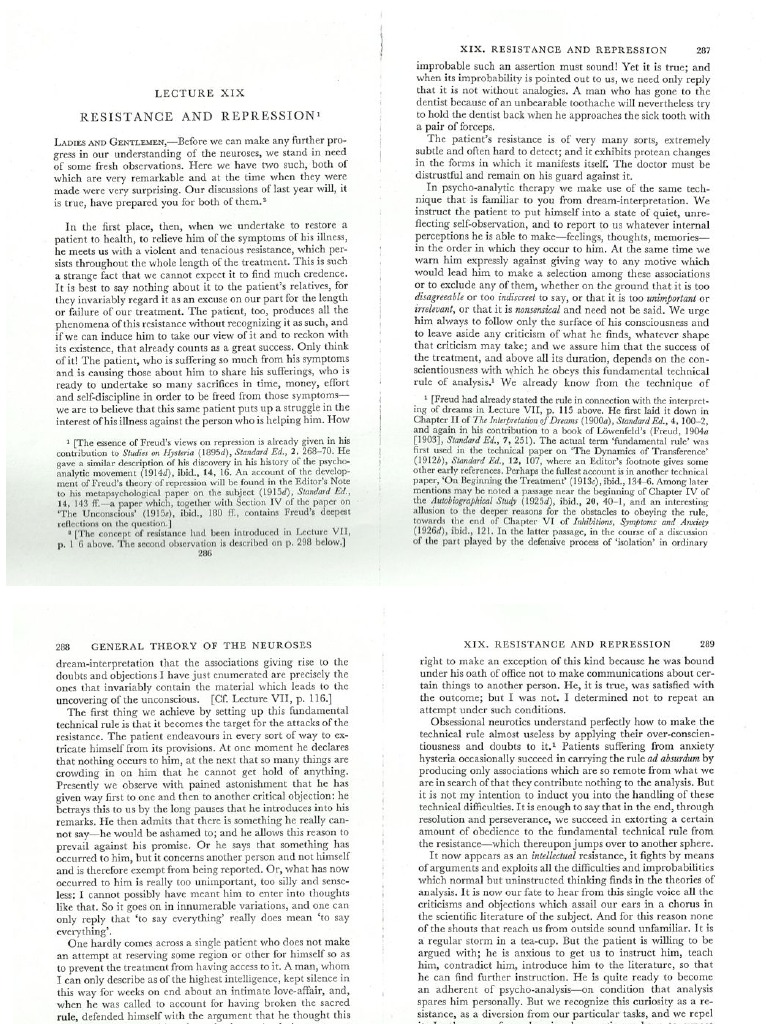 Freud, Introductory Lectures, Resistance and Repression | PDF