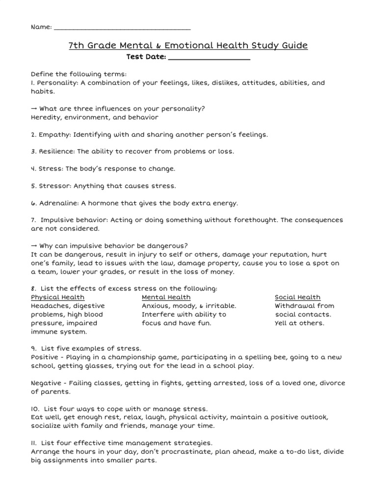 Key - 7th Grade Mental Emotional Health Study Guide | PDF | Stress ...