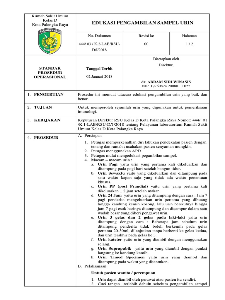 Sop Edukasi Pengambilan Sampel Urin | PDF