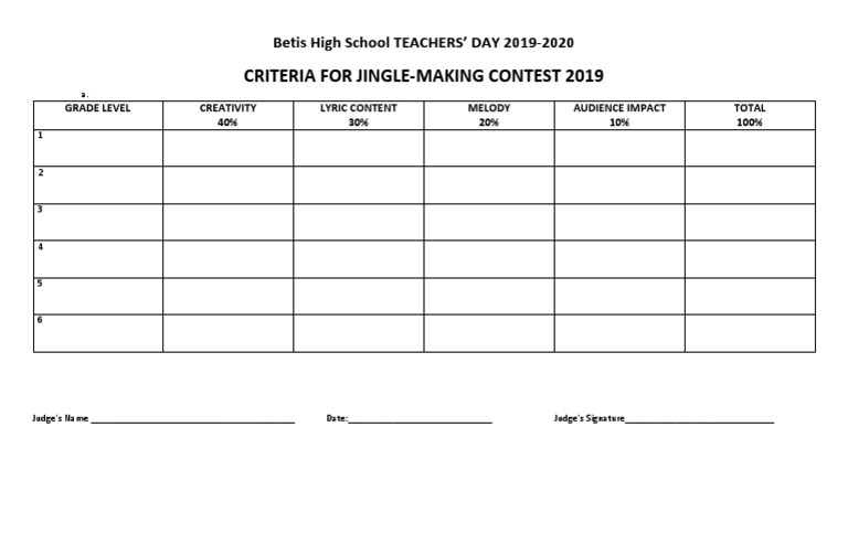 Criteria For Jingle-Making Contest 2019: Betis High School TEACHERS ...