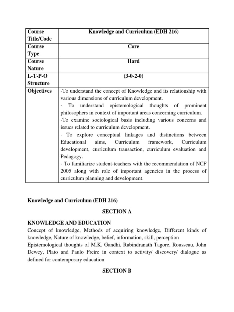 Course Title/Code Knowledge and Curriculum (EDH 216) Course Type Core Course Nature Hard | PDF ...