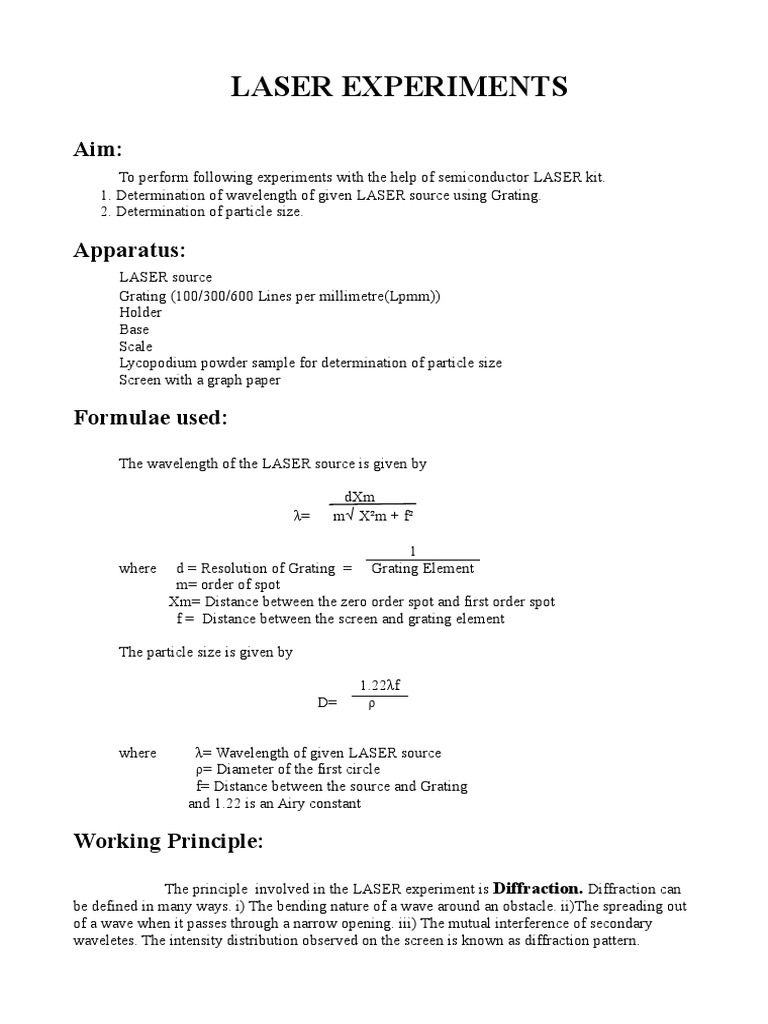 Laser Experiments: Diffraction | PDF | Diffraction | Wavelength