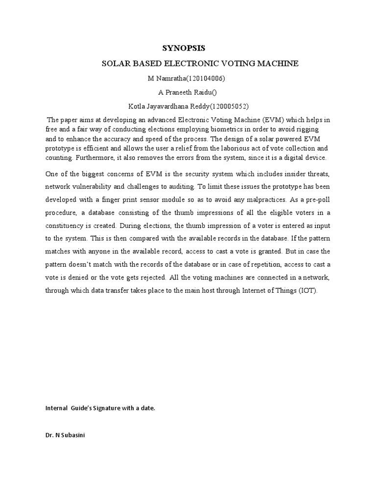 Synopsis: Solar Based Electronic Voting Machine | PDF | Computers | Technology & Engineering