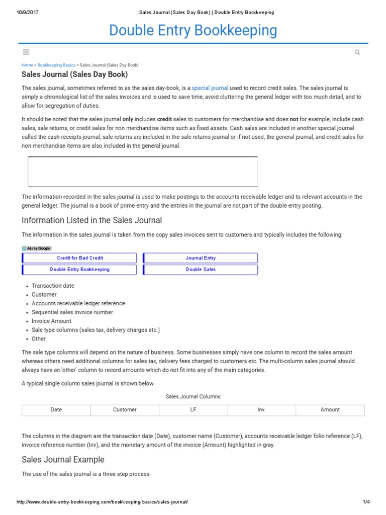 Sales Journal (Sales Day Book) - Double Entry Bookkeeping | PDF ...
