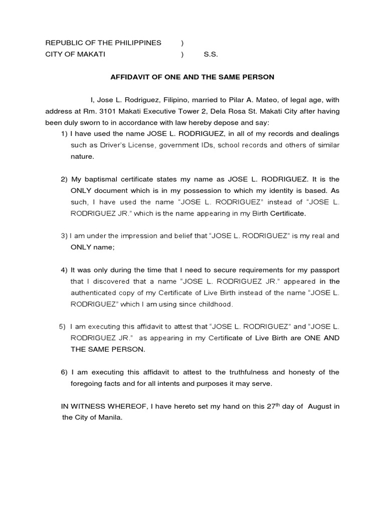 Affidavit of One and the Same Person | PDF | Makati | Affidavit
