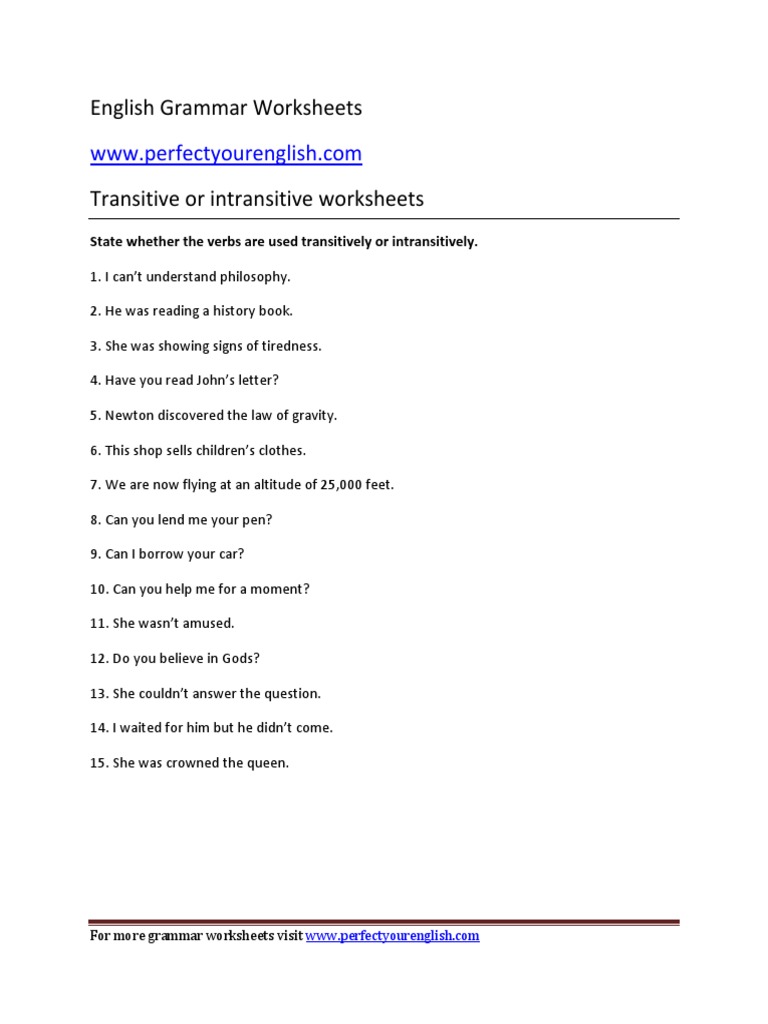 Transitive Intransitive Verb Worksheet | PDF
