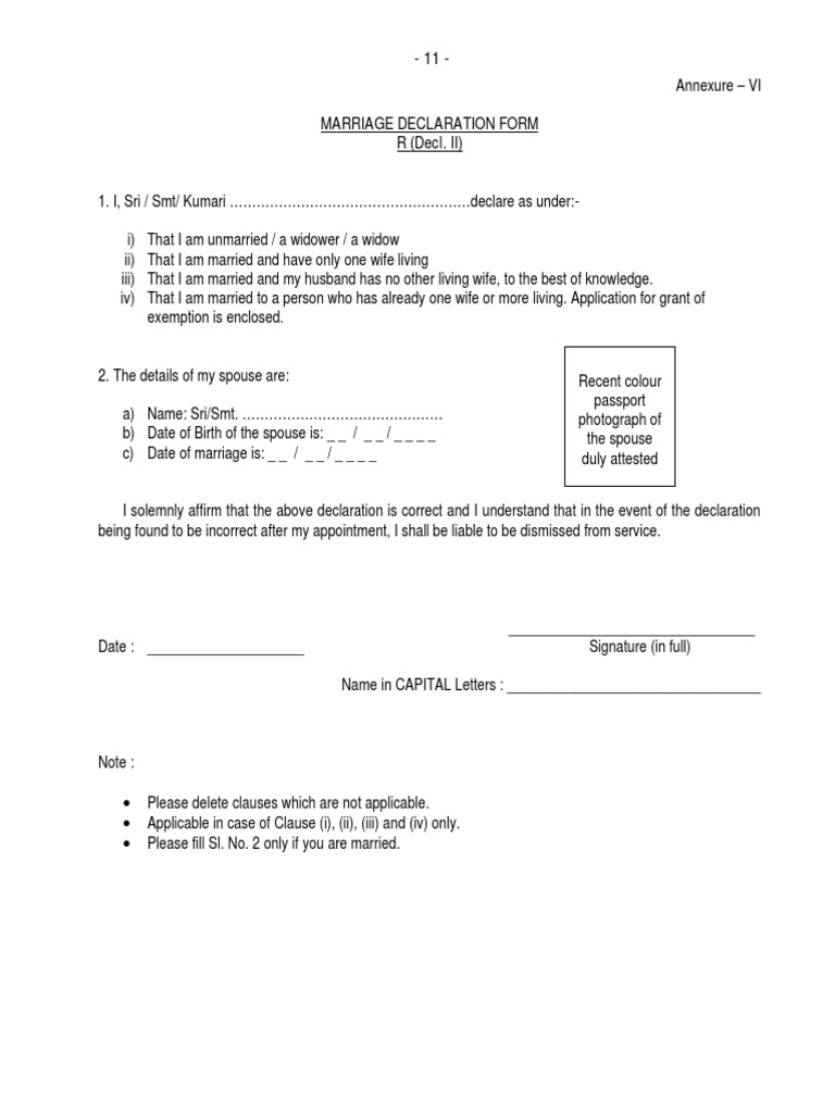 Annexure-VI Marriage Declaration Form PDF | PDF