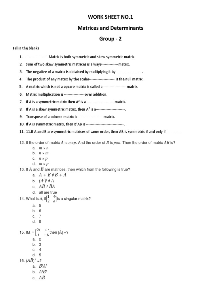 Class 12 Matrices and Determinants Worksheet | PDF | Matrix ...