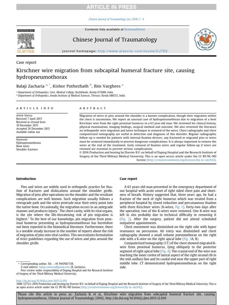 Kirschner Wire Migration From Subcapital Humeral Fracture Site Causing ...