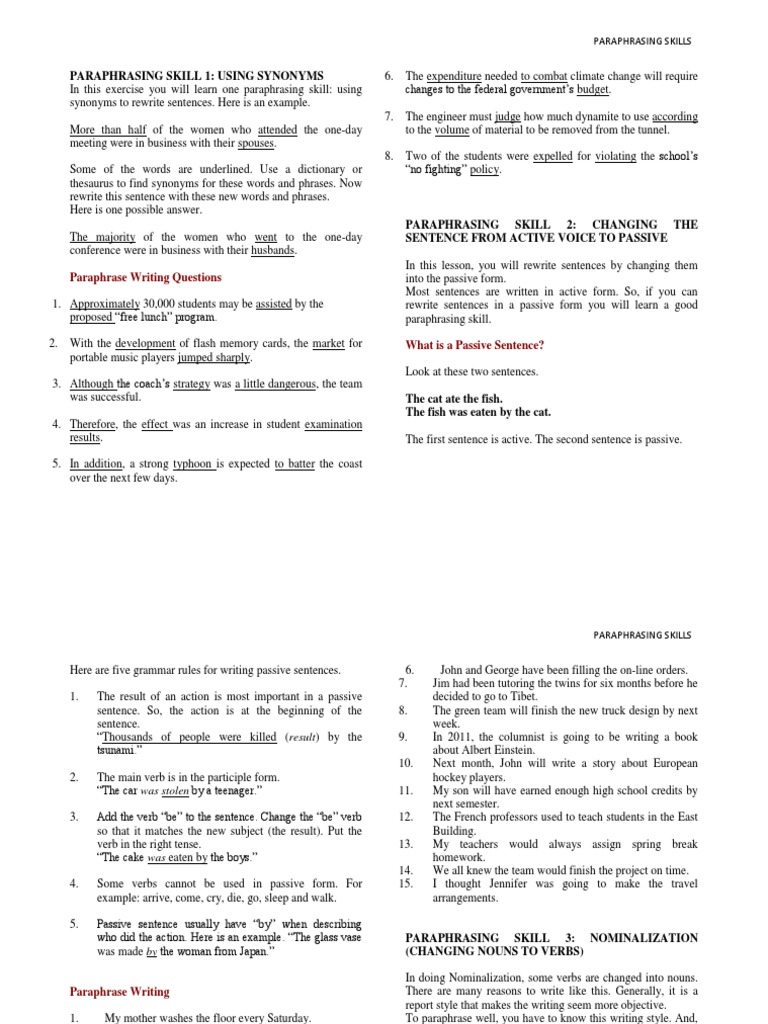 Paraphrasing Skill 1: Using Synonyms: Paraphrase Writing Questions ...