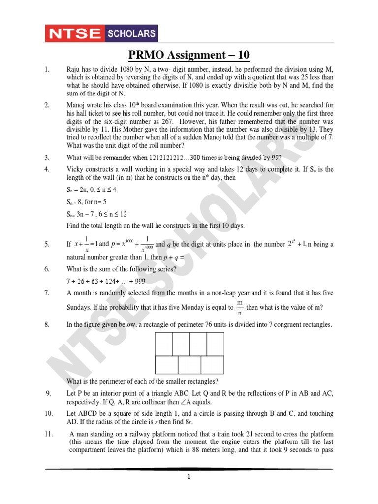 PRMO Assignment 10 Solutions | PDF | Rectangle | Geometric Shapes