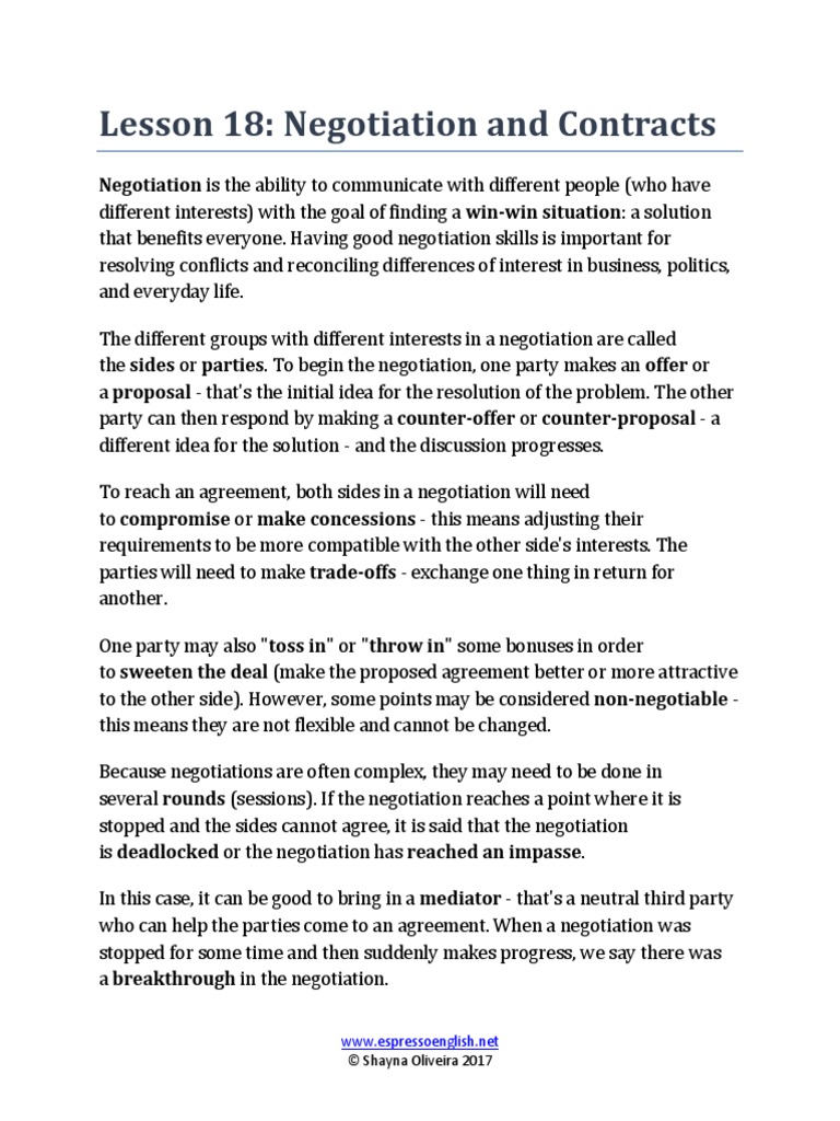 Lesson 18: Negotiation and Contracts: Negotiation Is The Ability To ...