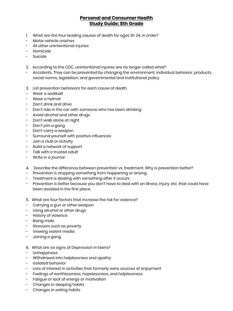 Key - 8th Grade Personal Consumer Health Study Guide | PDF | Asthma ...