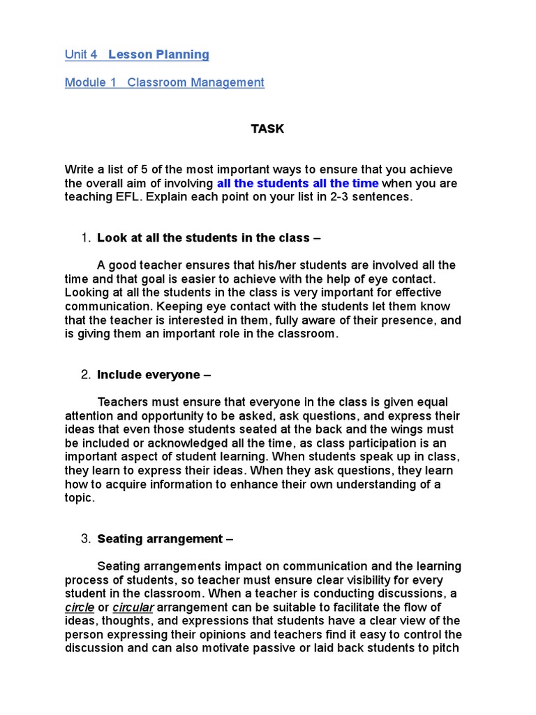 Unit 4 Lesson Planning Module 1 Classroom Management: All The Students ...