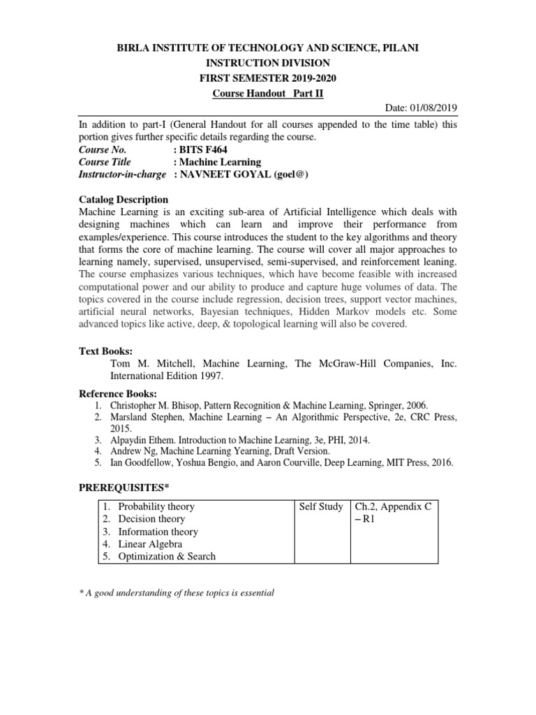 Handout - BITS-F464 - Machine - Learning - August 2019 | PDF | Machine Learning | Statistical ...