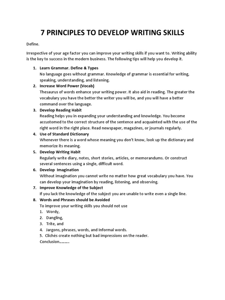 7 Principles To Develop Writing Skills: 1. Learn Grammar. Define ...