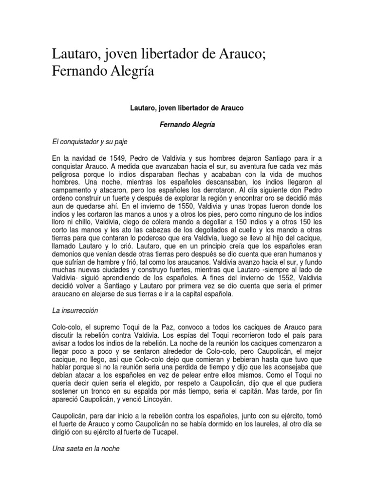 Resuen Del Libro Lautaro Libertador Joven de Arauco | PDF | Agitación