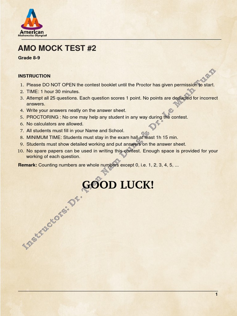 AMO Mock Test Paper Set 2 for Grades 8-9 | PDF | Perpendicular | Numbers
