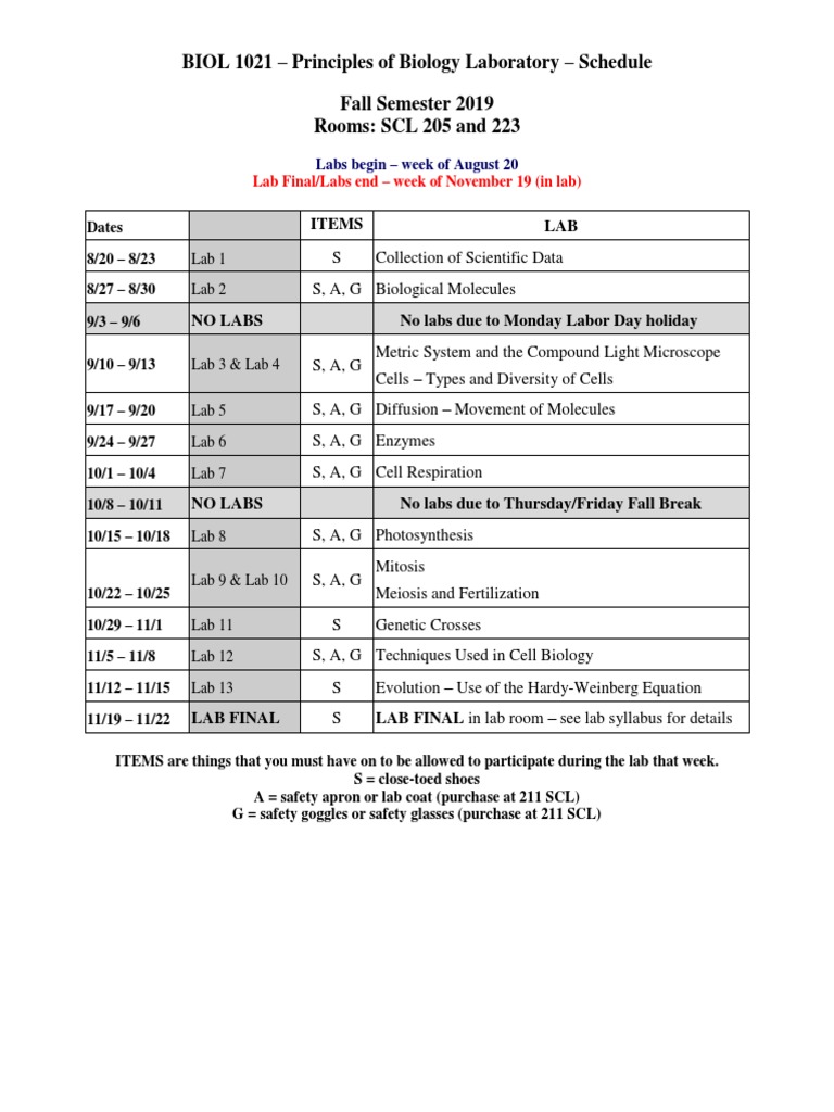 BIOL 1021 Principles of Biology Lab Schedule Fall 2019 | PDF