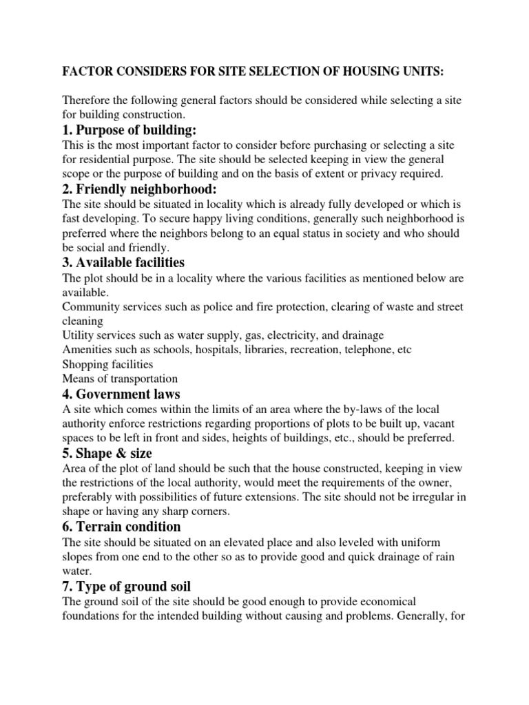 Purpose of Building:: Factor Considers For Site Selection of Housing ...